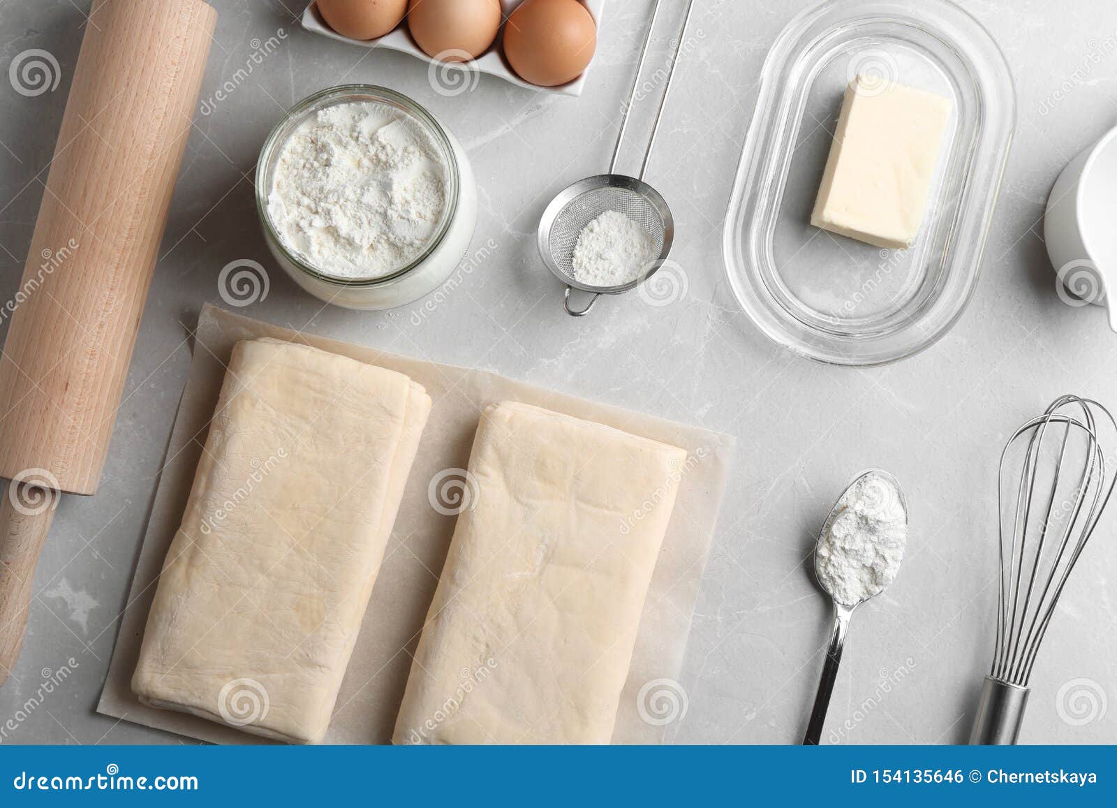 Flat Lay Composition with Puff Pastry Dough and Ingredients Stock Photo ...
