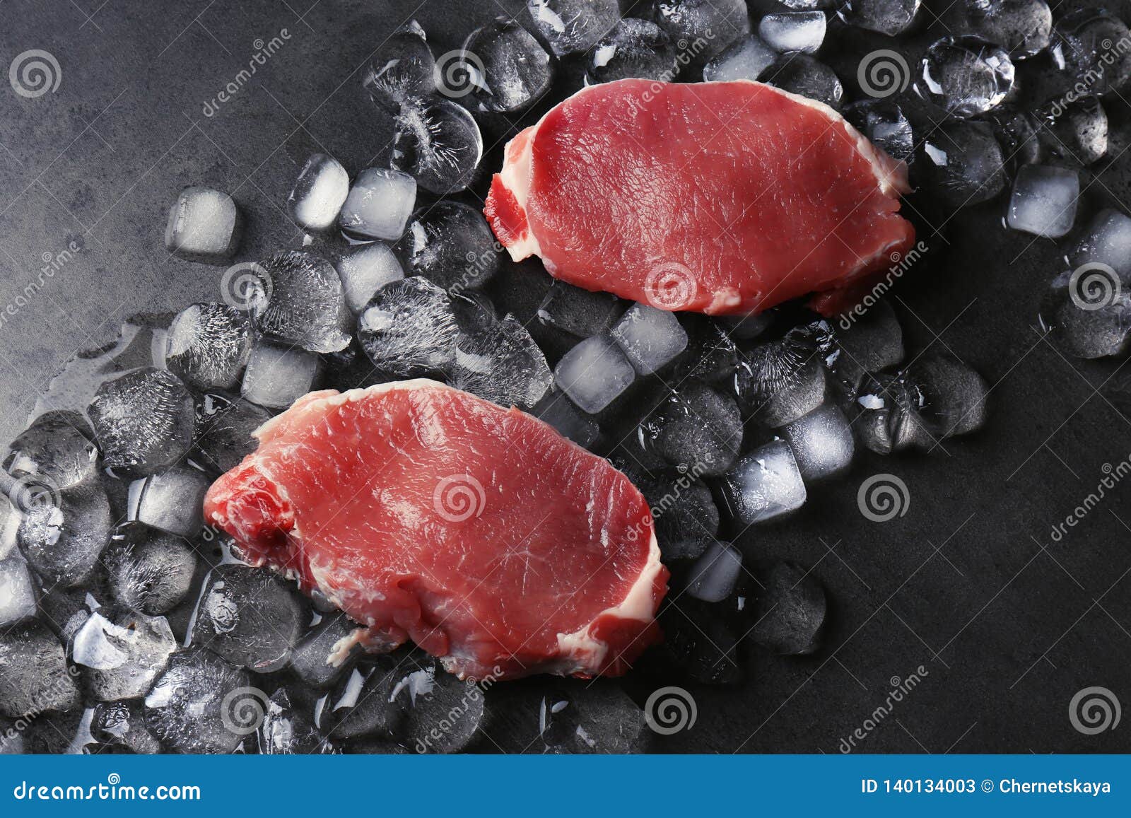 Flat Lay Composition with Raw Meat and Ice Cubes on Dark Stock Image ...
