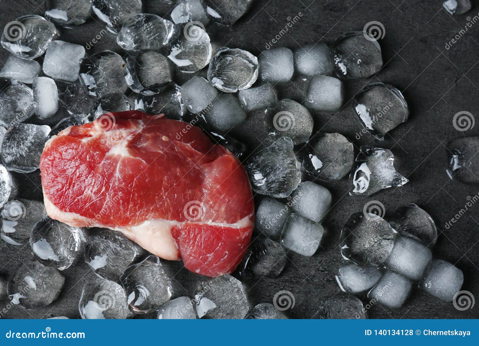 Flat Lay Composition with Raw Meat and Ice Cubes on Dark Stock Photo ...