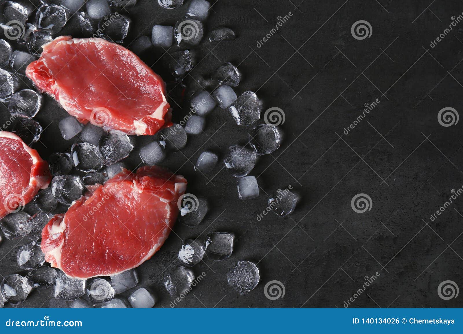 Flat Lay Composition with Raw Meat, Ice Cubes and Space for Text on ...