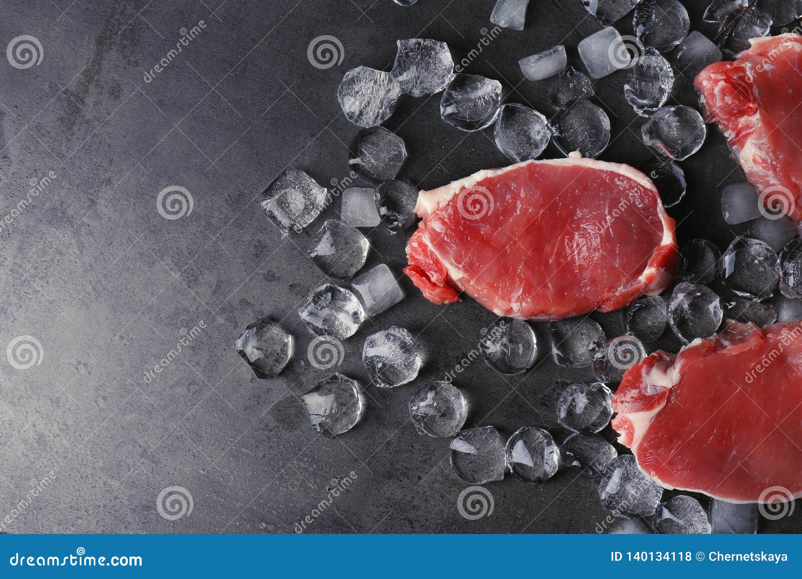 Flat Lay Composition with Raw Meat, Ice Cubes and Space for Text on ...