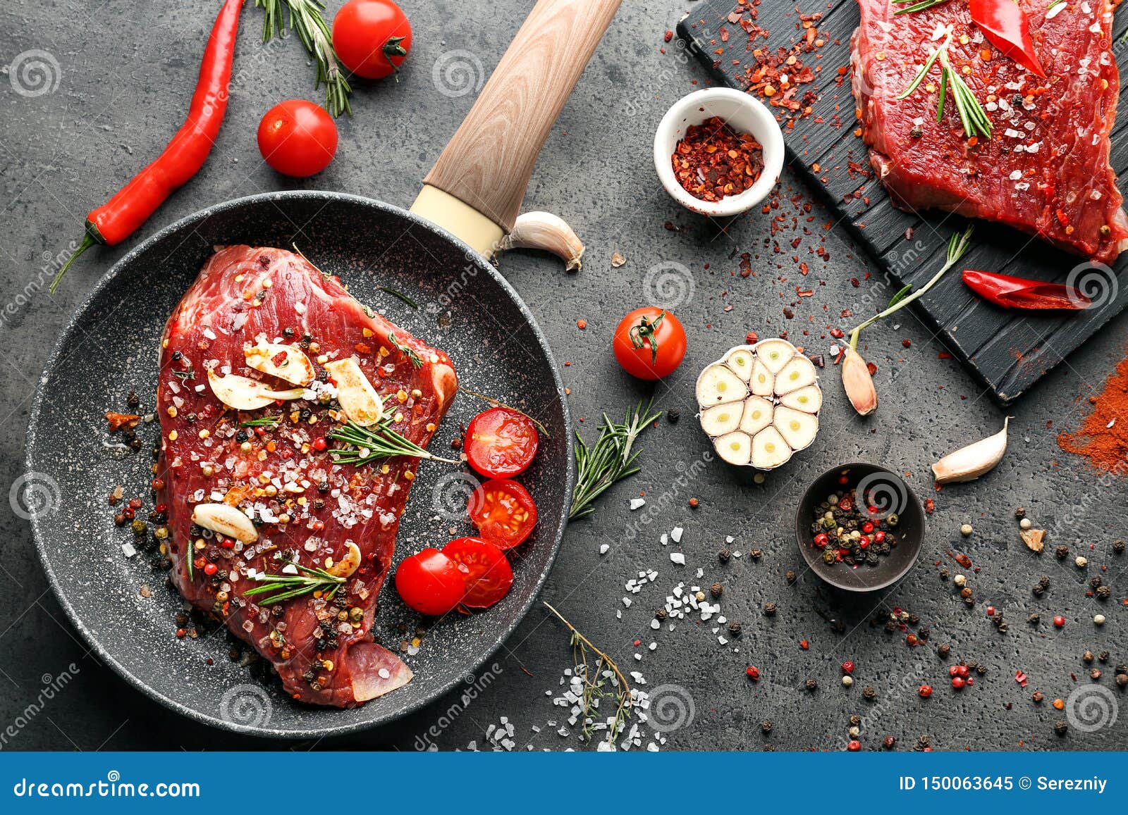 Flat Lay Composition with Raw Meat and Products on Grey Background ...