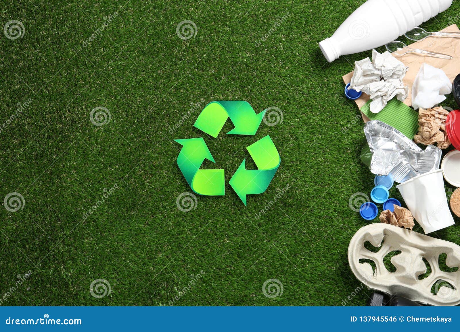 Flat Lay Composition with Recycling Symbol, Different Garbage and Space ...