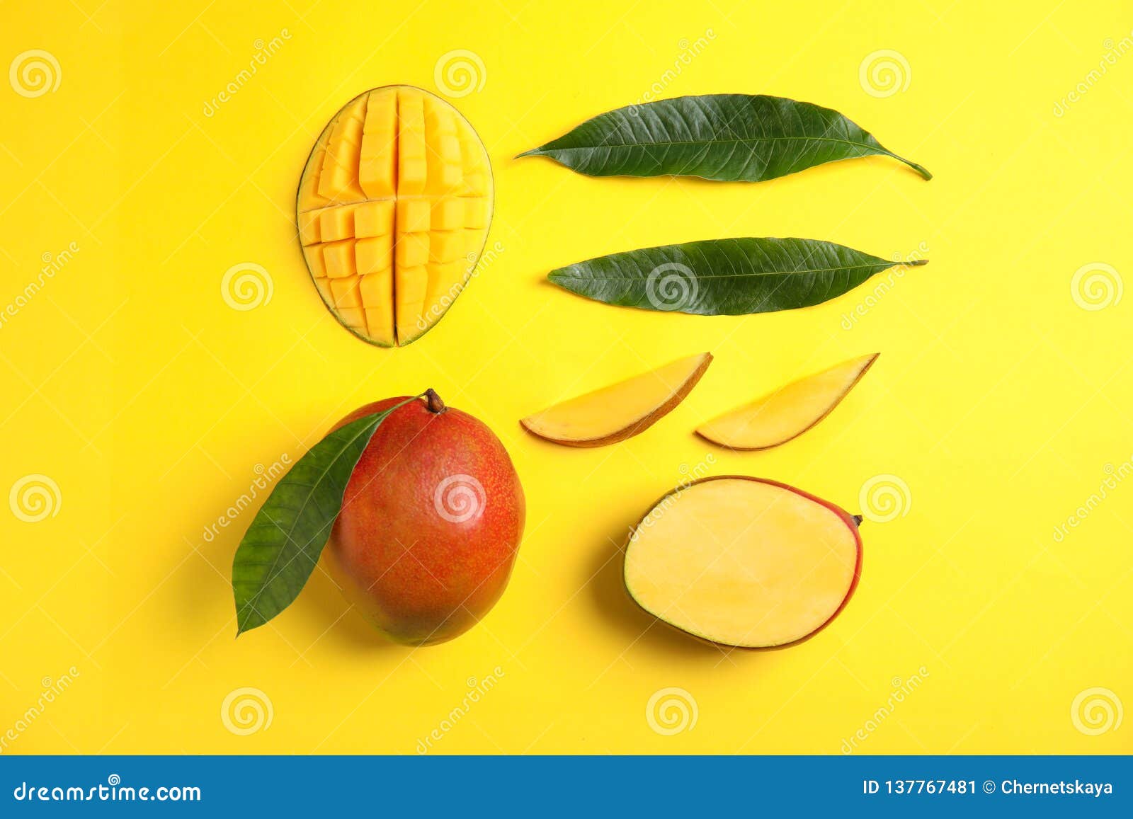 Flat Lay Composition with Ripe Mangoes and Leaves Stock Image - Image ...