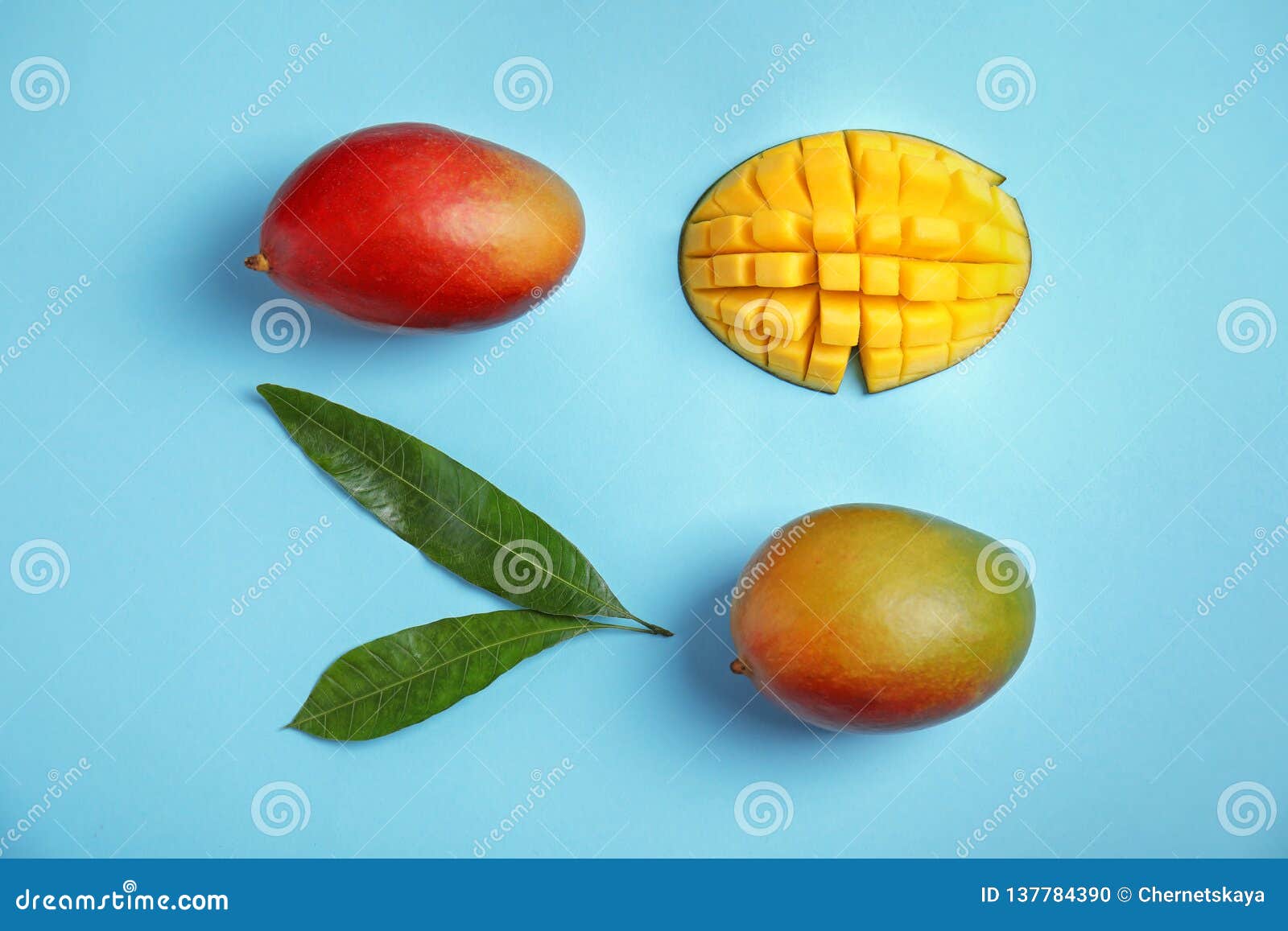 Flat Lay Composition with Ripe Mangoes and Leaves Stock Photo - Image ...