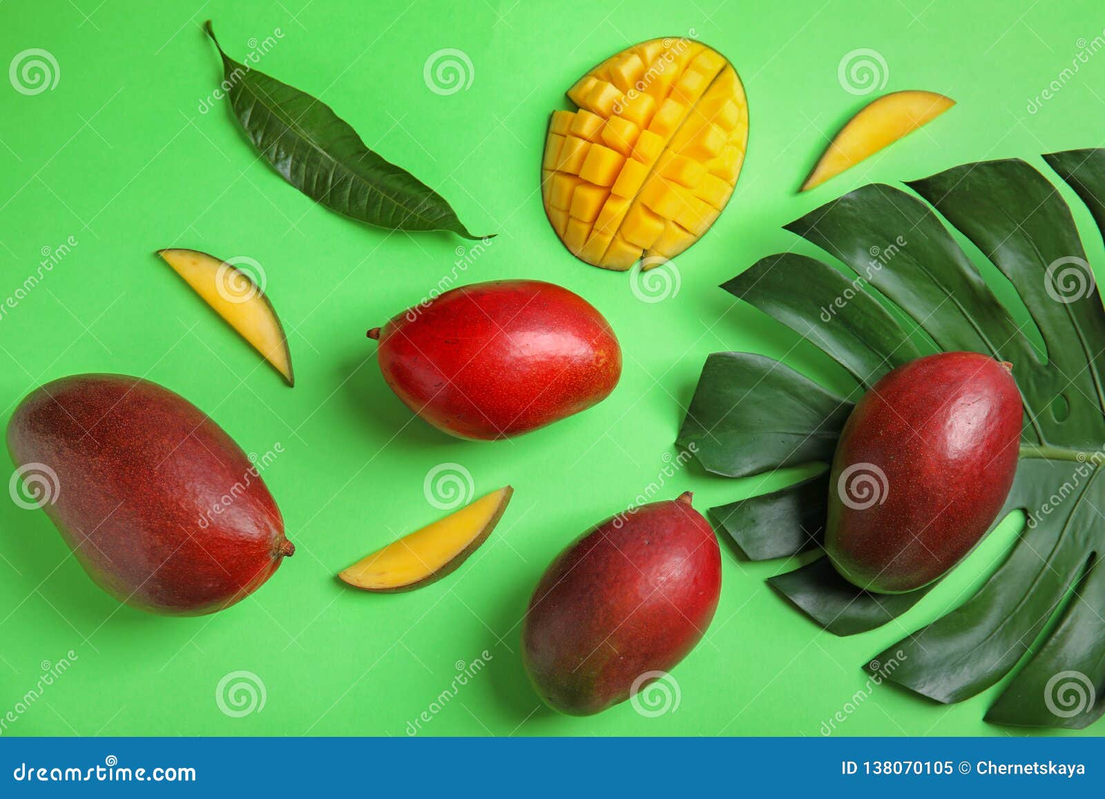 Flat Lay Composition with Ripe Mangoes and Leaves Stock Image - Image ...