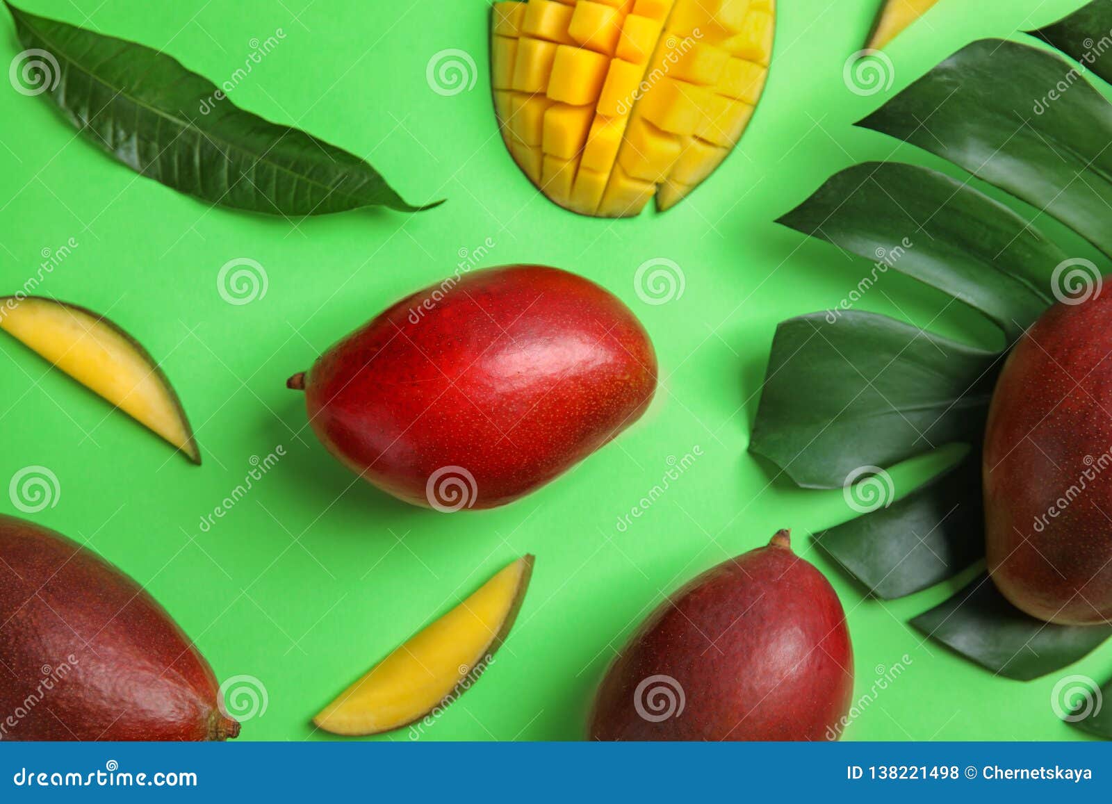 Flat Lay Composition with Ripe Mangoes and Leaves Stock Photo - Image ...