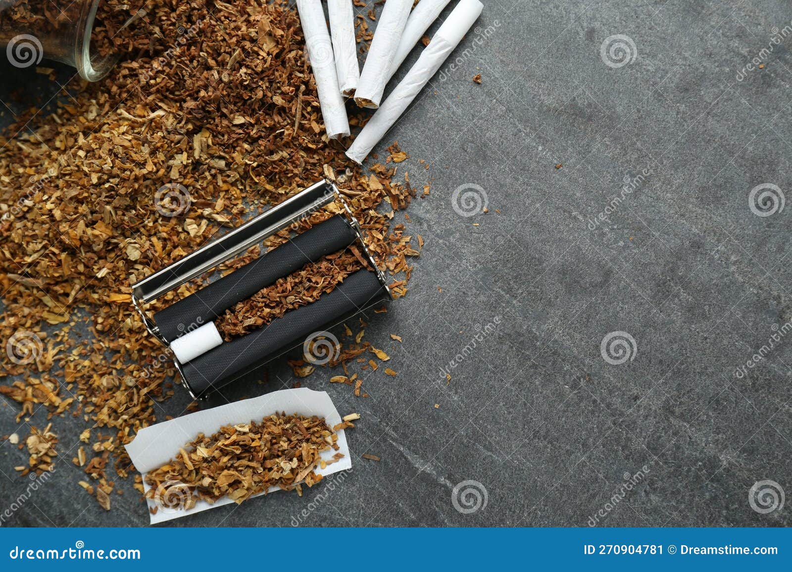 Flat Lay Composition with Roller and Tobacco on Dark Grey Table, Space ...