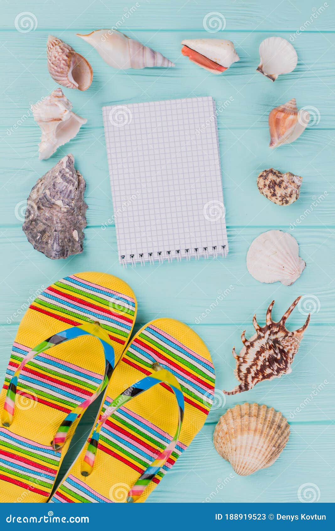 Flat Lay Composition with Sandals, Seashells and Notepad. Stock Image ...