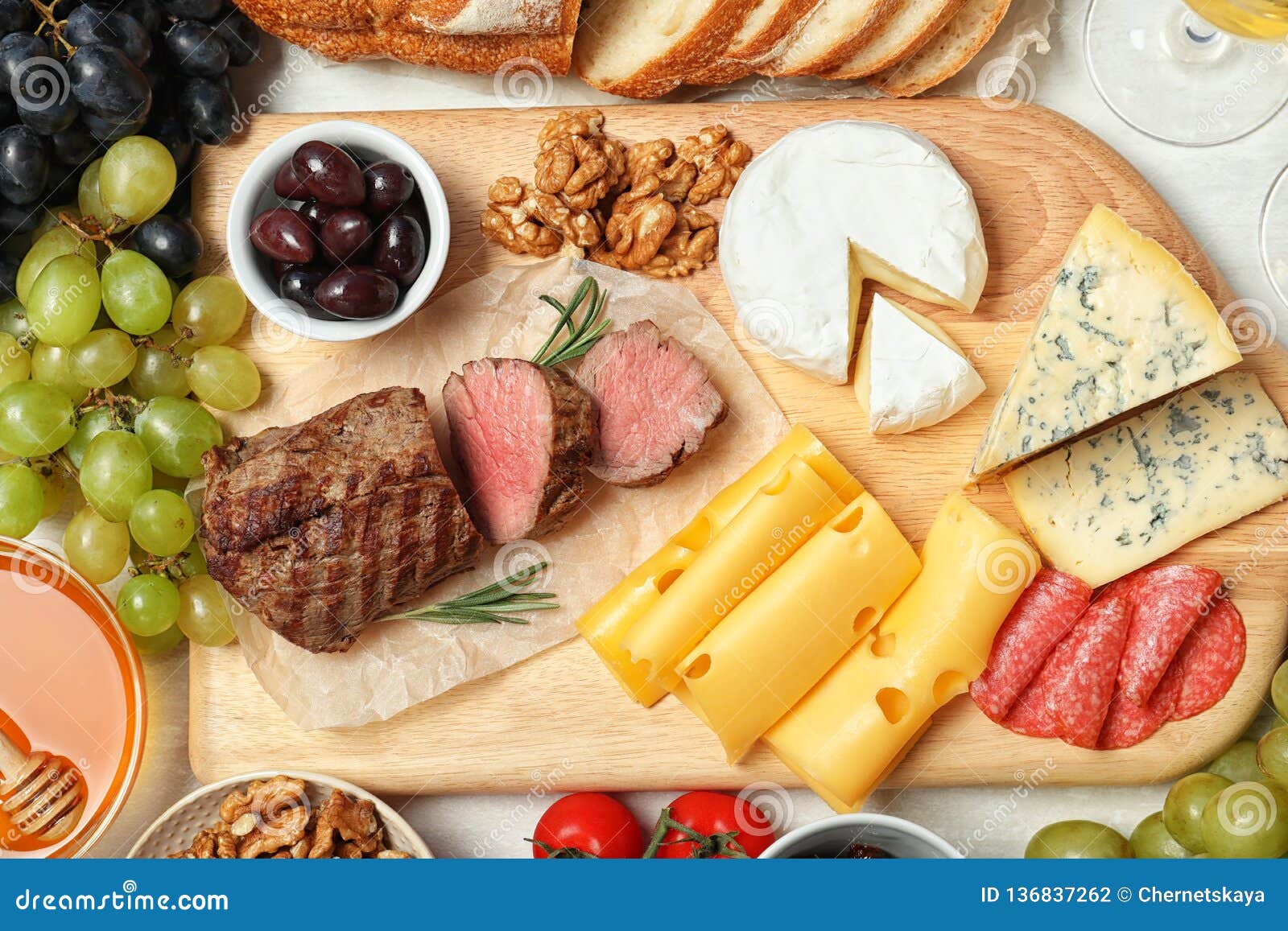 Flat Lay Composition with Snacks for Wine on White Background Stock ...