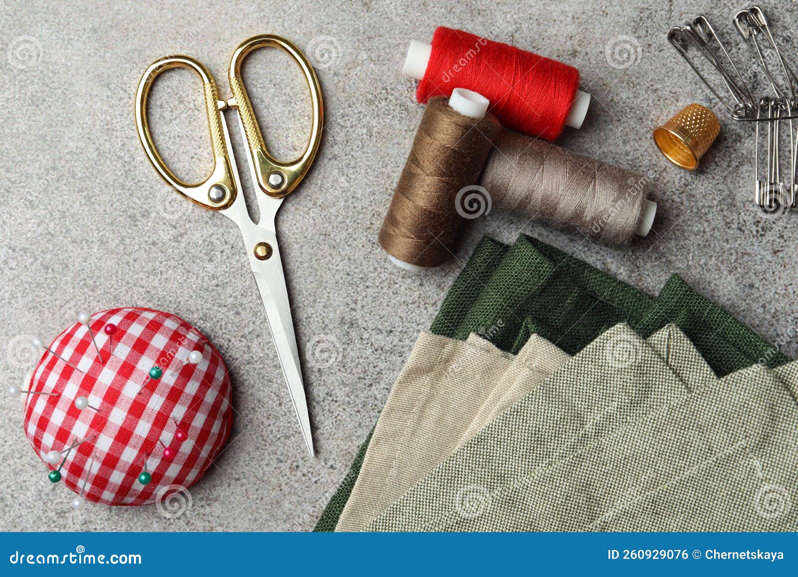 Flat Lay Composition with Spools of Threads and Sewing Tools on Light ...
