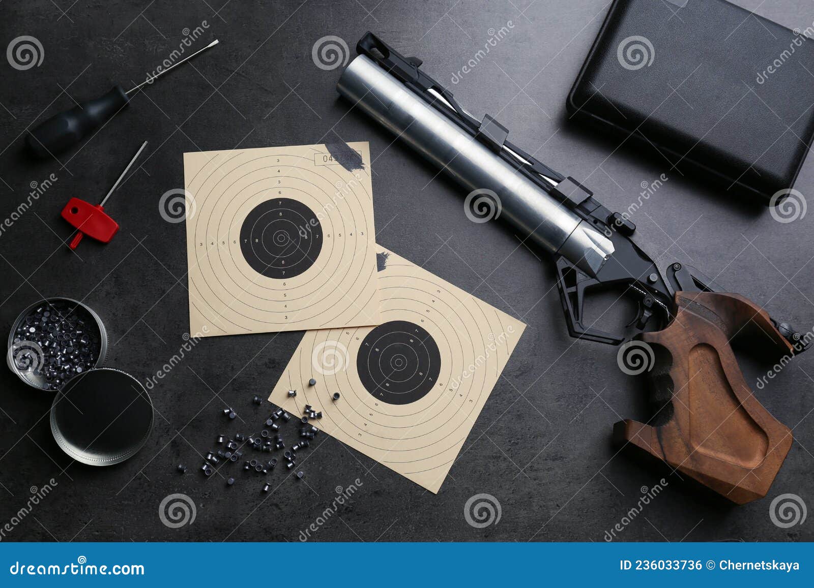 Flat Lay Composition with Sport Pistol on Black Table. Professional Gun ...