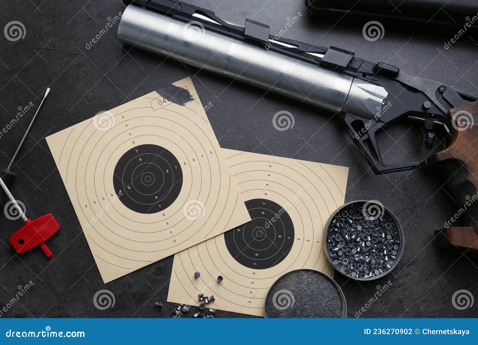 Flat Lay Composition with Sport Pistol on Black Table. Professional Gun ...