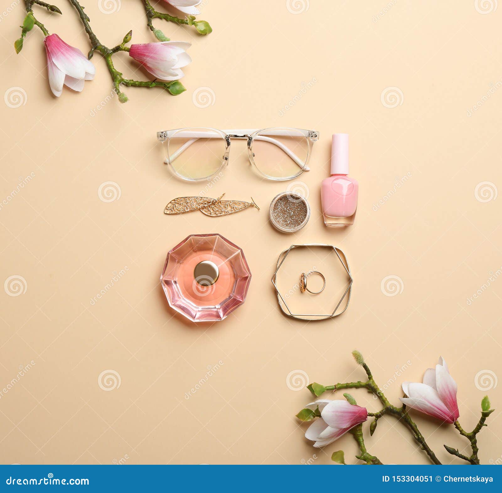 Flat Lay Composition with Spring Flowers, Cosmetics and Accessories ...