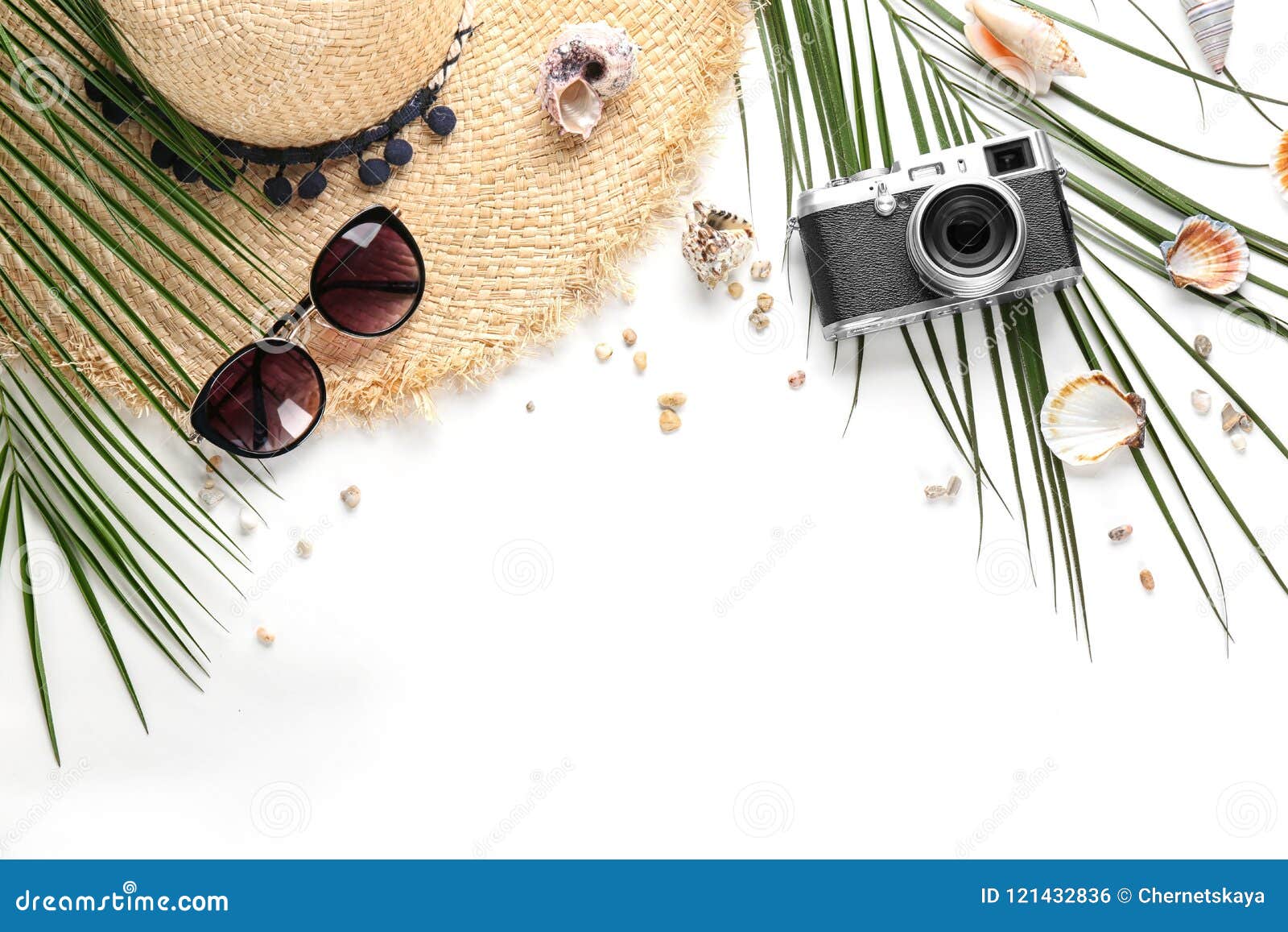 Flat Lay Composition with Stylish Hat, Camera Stock Photo - Image of ...