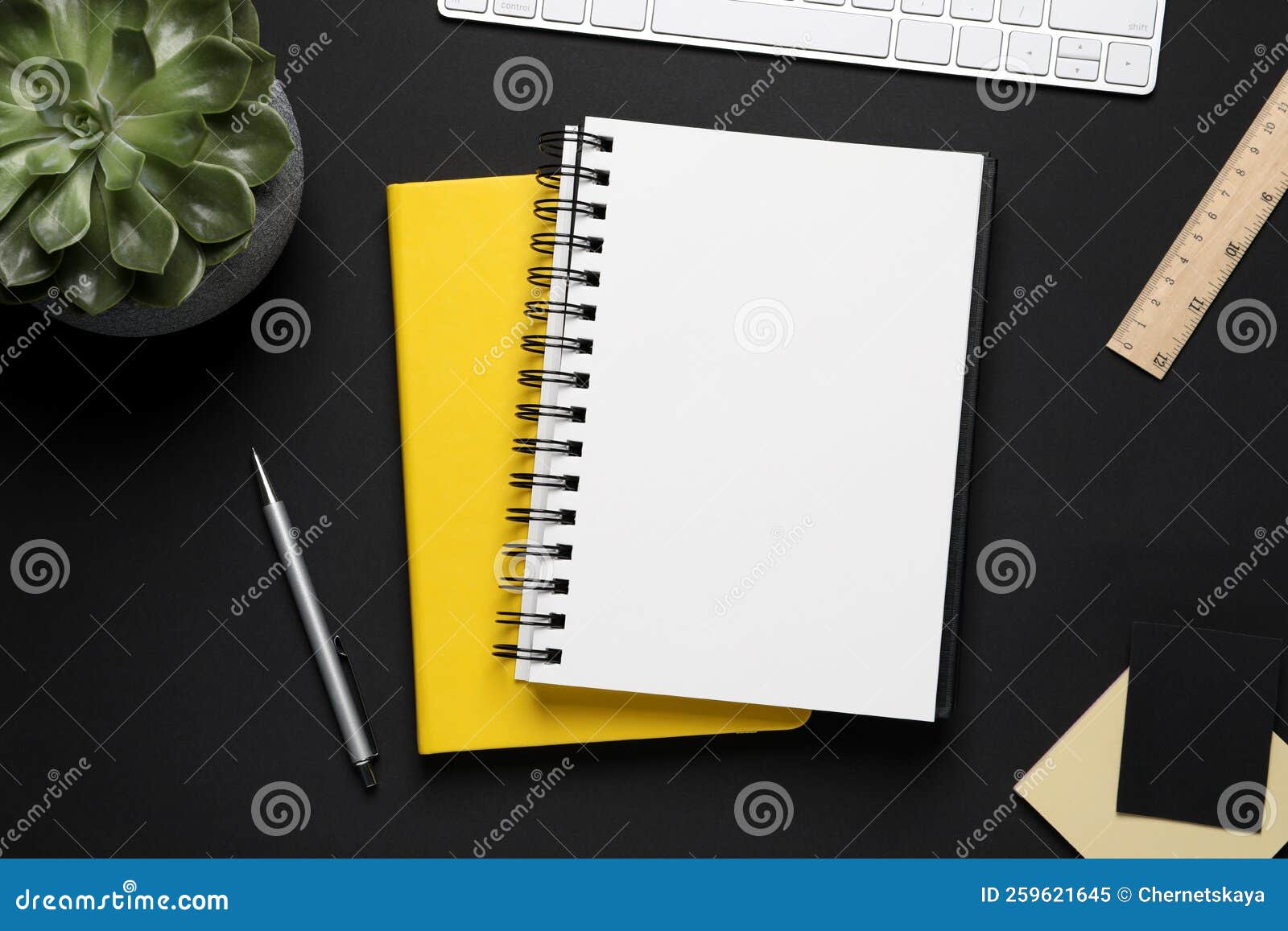 Flat Lay Composition with Stylish Notebooks on Black Background Stock ...