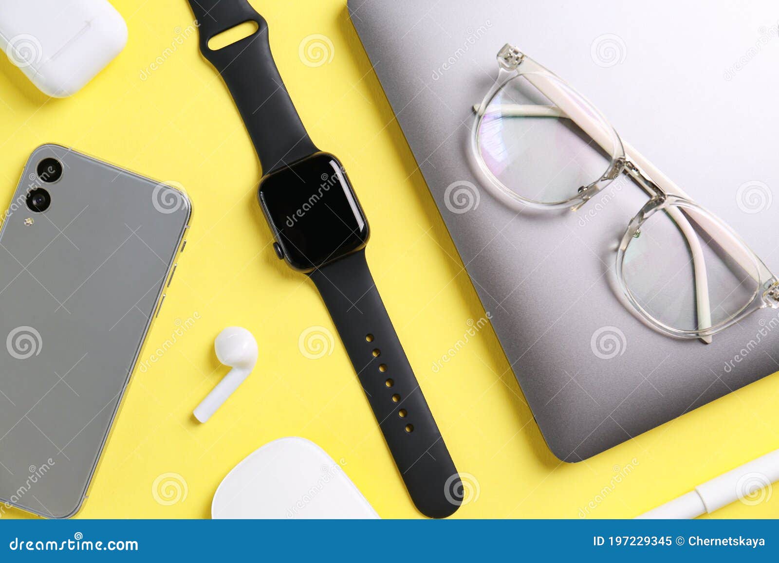 Flat Lay Composition with Stylish Smart Watch on Yellow Background ...