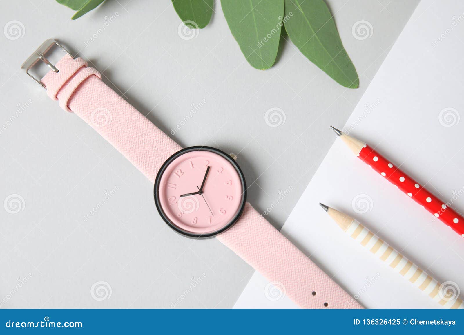 Flat Lay Composition with Stylish Wrist Watch on Table. Stock Image ...