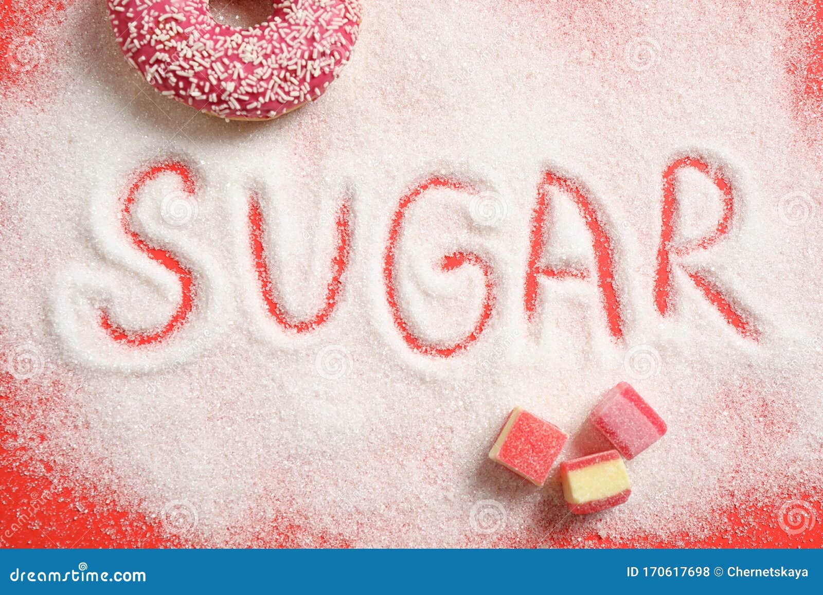 Flat Lay Composition with Sweets and Word SUGAR on Red Background Stock ...