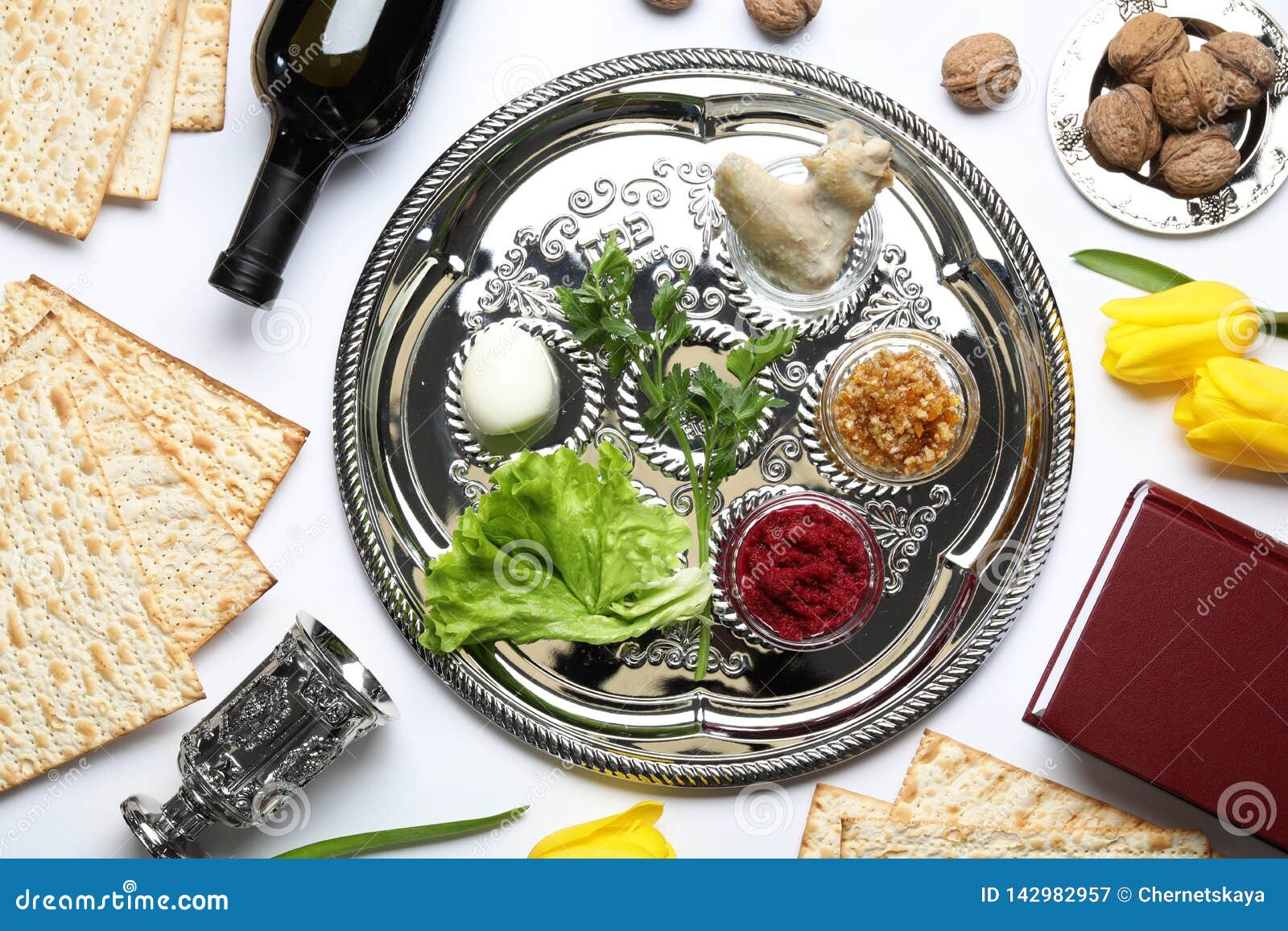 Flat Lay Composition with Symbolic Passover Pesach Items and Meal Stock ...
