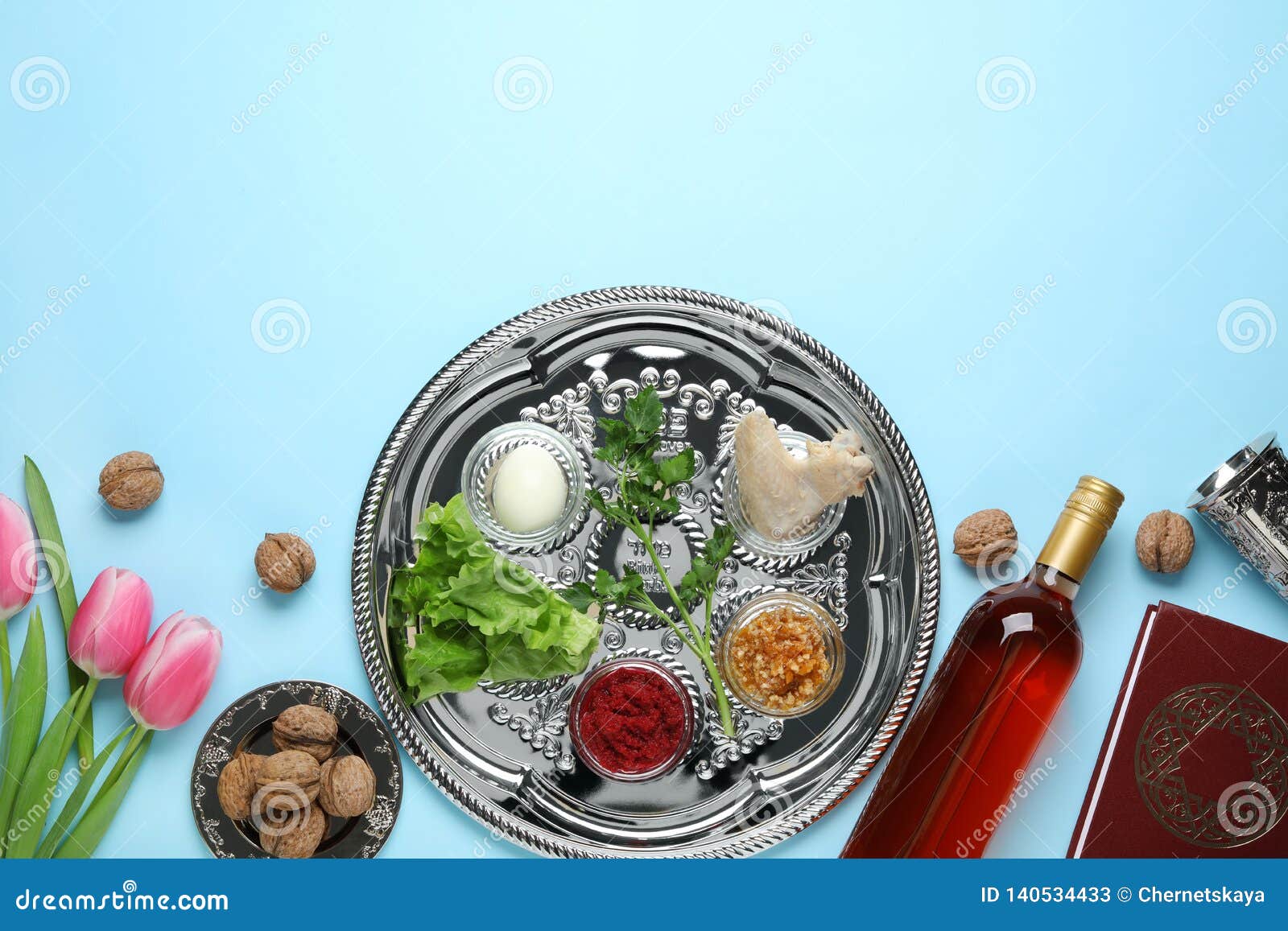 Flat Lay Composition with Symbolic Passover Pesach Items and Meal on ...