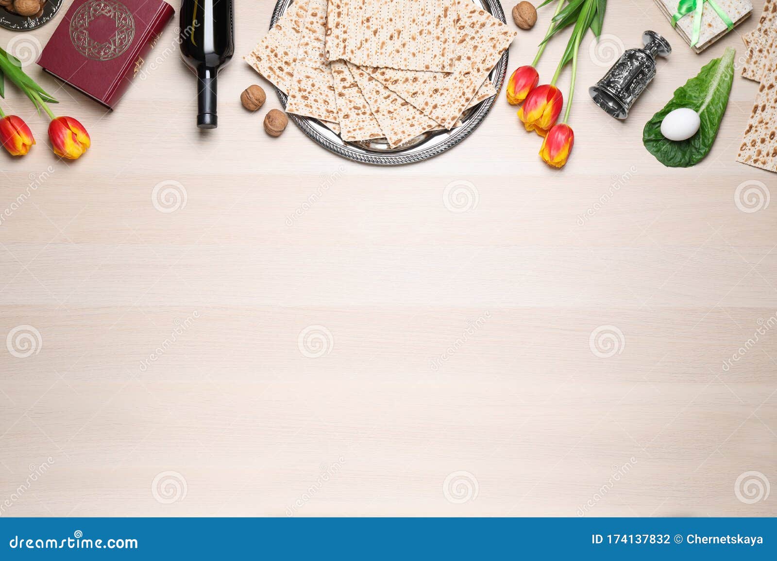Flat Lay Composition with Symbolic Pesach Passover Seder Items on Table ...