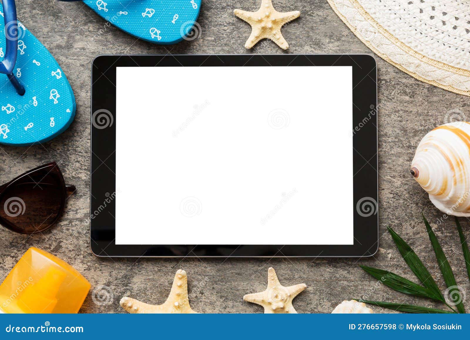 Flat Lay Composition with Tablet and Beach Accessories on Colored ...