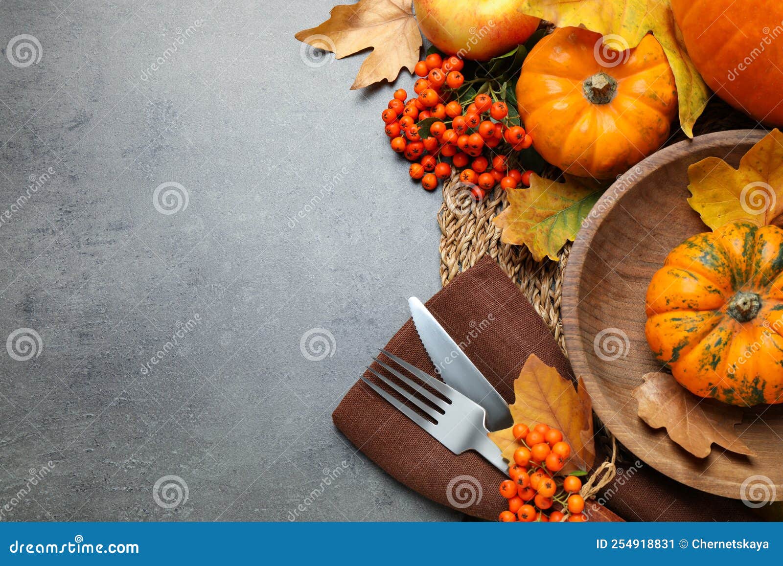 Flat Lay Composition with Tableware, Autumn Leaves and Vegetables on ...