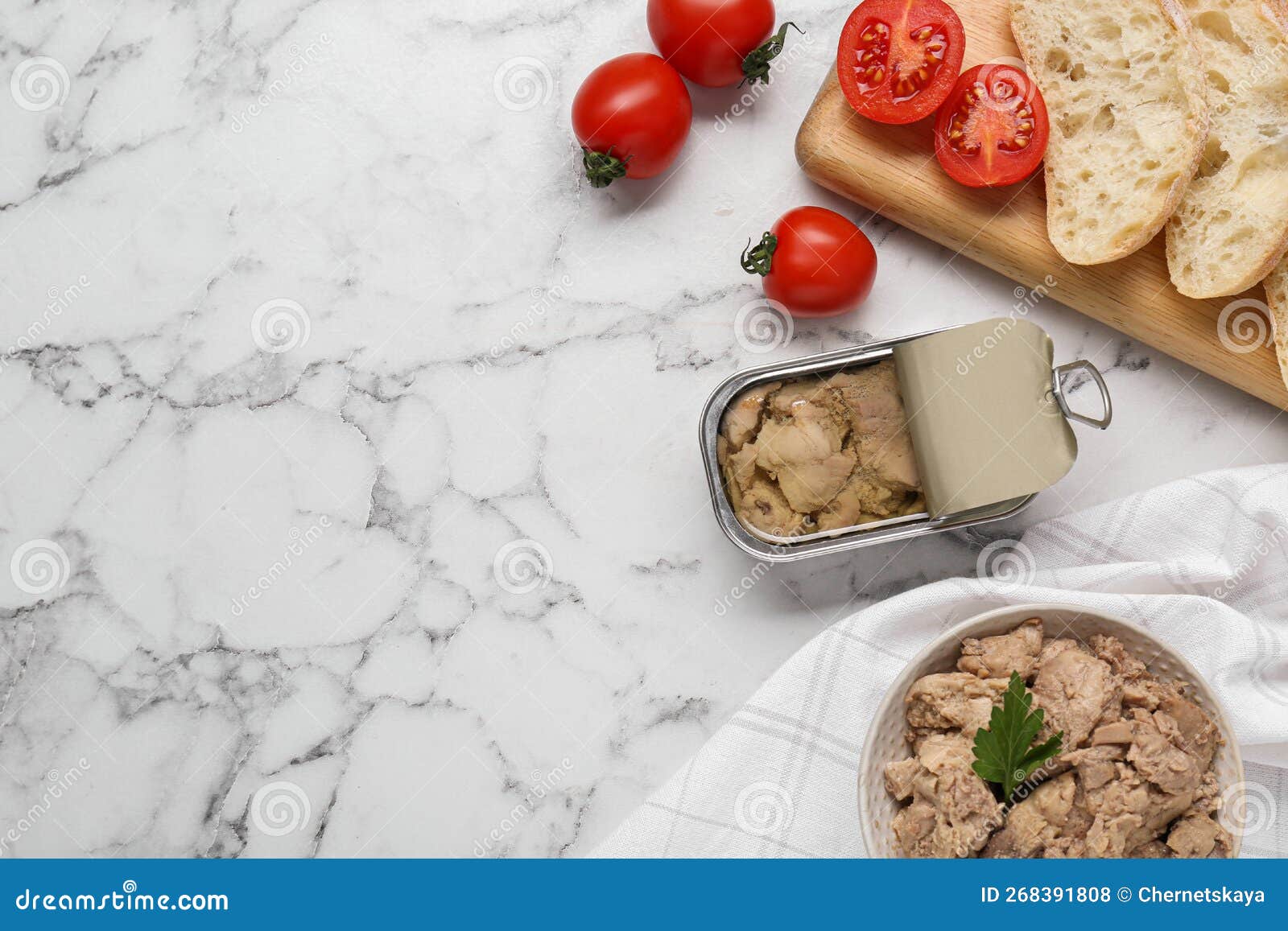 Flat Lay Composition with Tasty Cod Liver and Different Products on ...