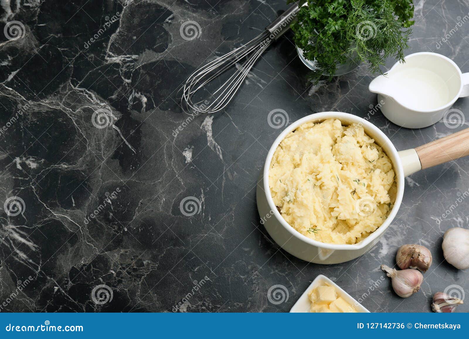 Flat Lay Composition with Tasty Mashed Potato and Space for Text Stock ...