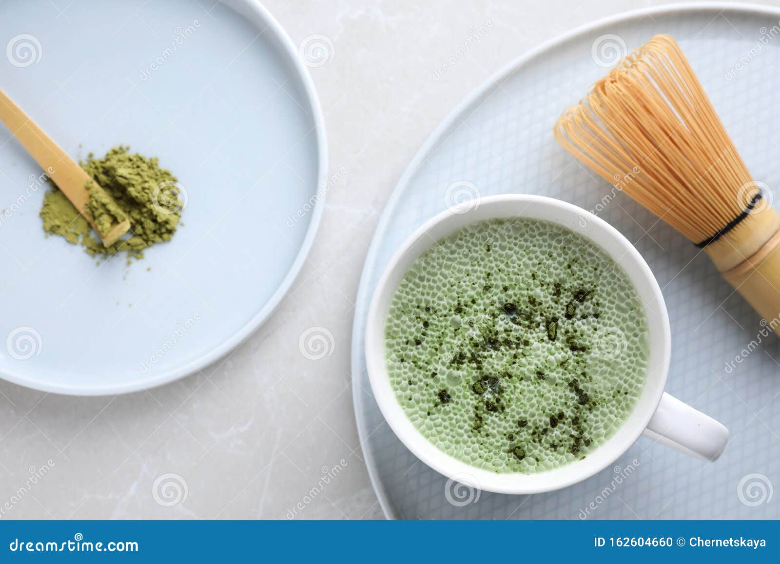 Flat Lay Composition with Tasty Matcha Green Tea Latte on Grey Marble ...
