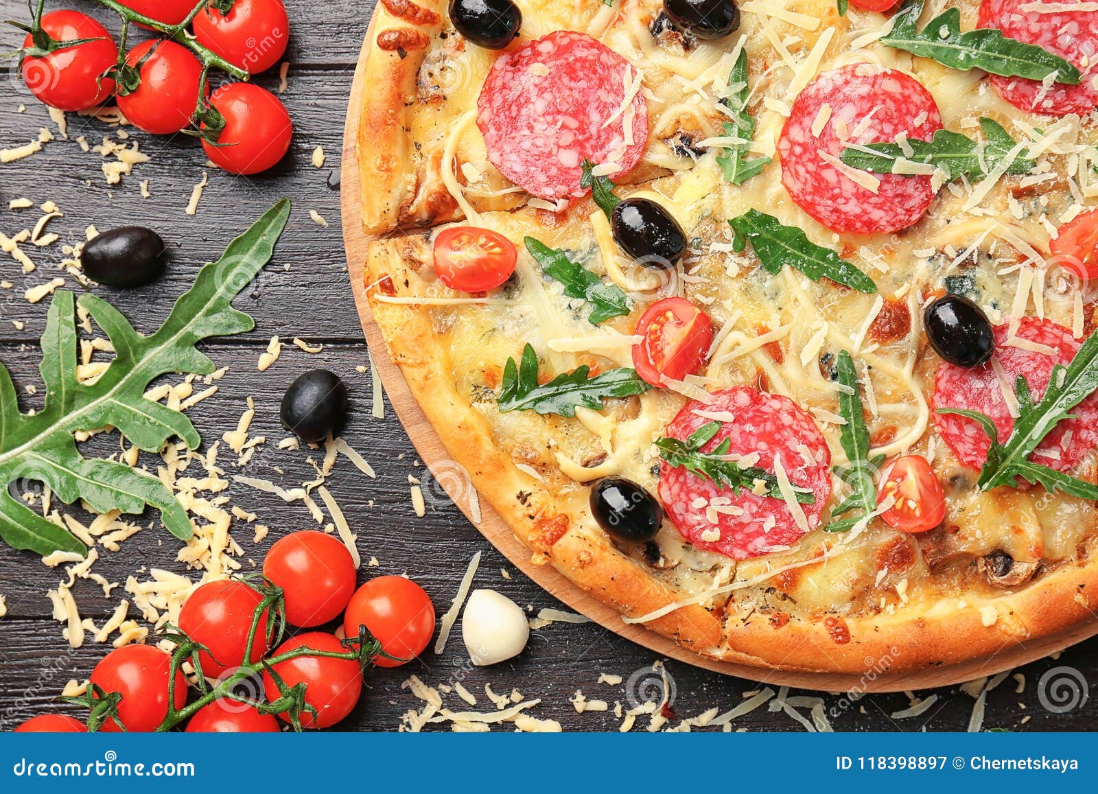 Flat Lay Composition with Tasty Pizza and Ingredients on Table Stock ...