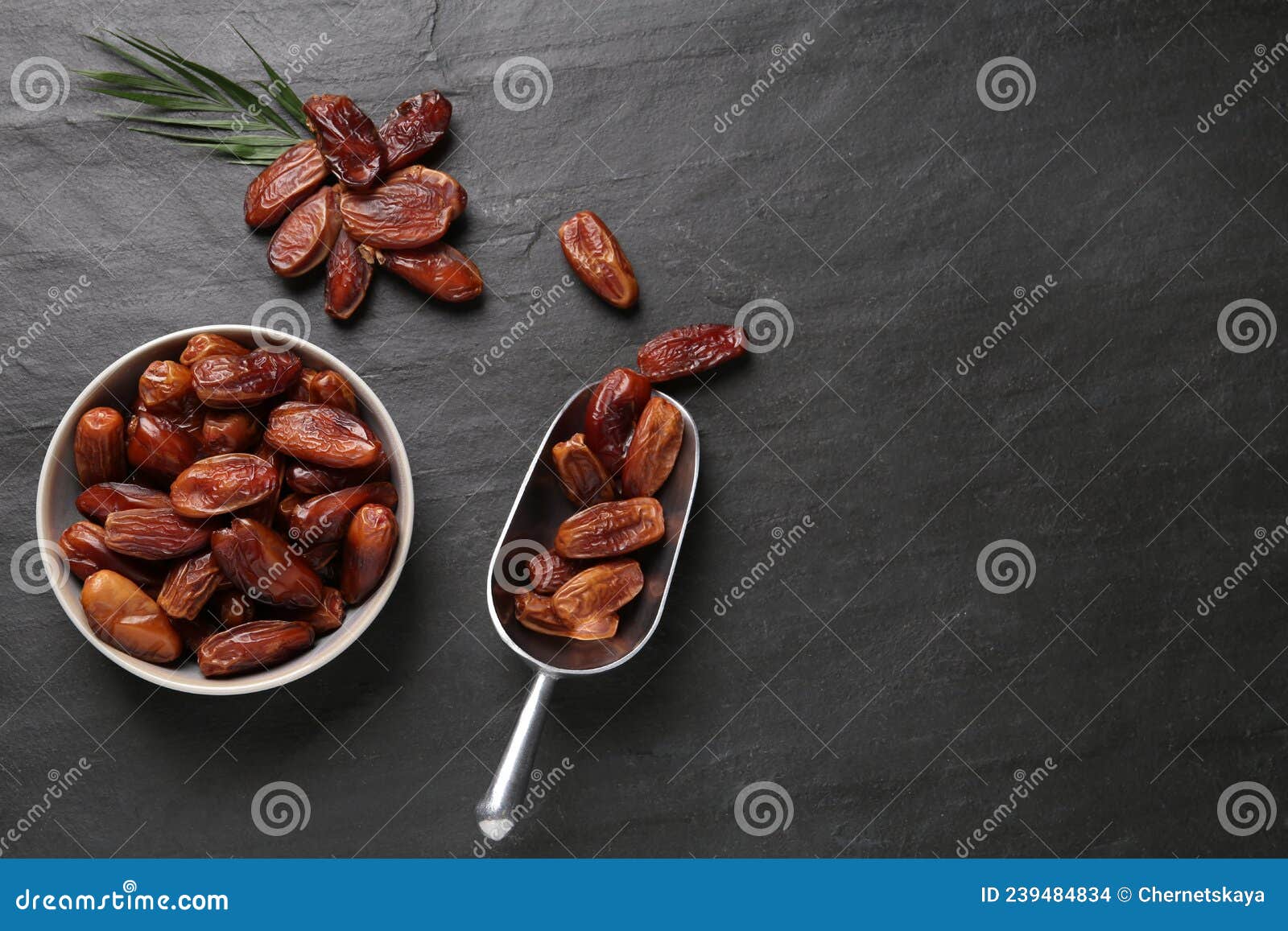Flat Lay Composition with Tasty Sweet Dried Dates on Black Table. Space ...