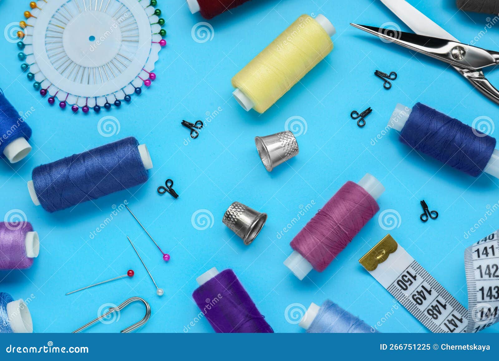 Flat Lay Composition with Thimbles and Different Sewing Tools on Light ...