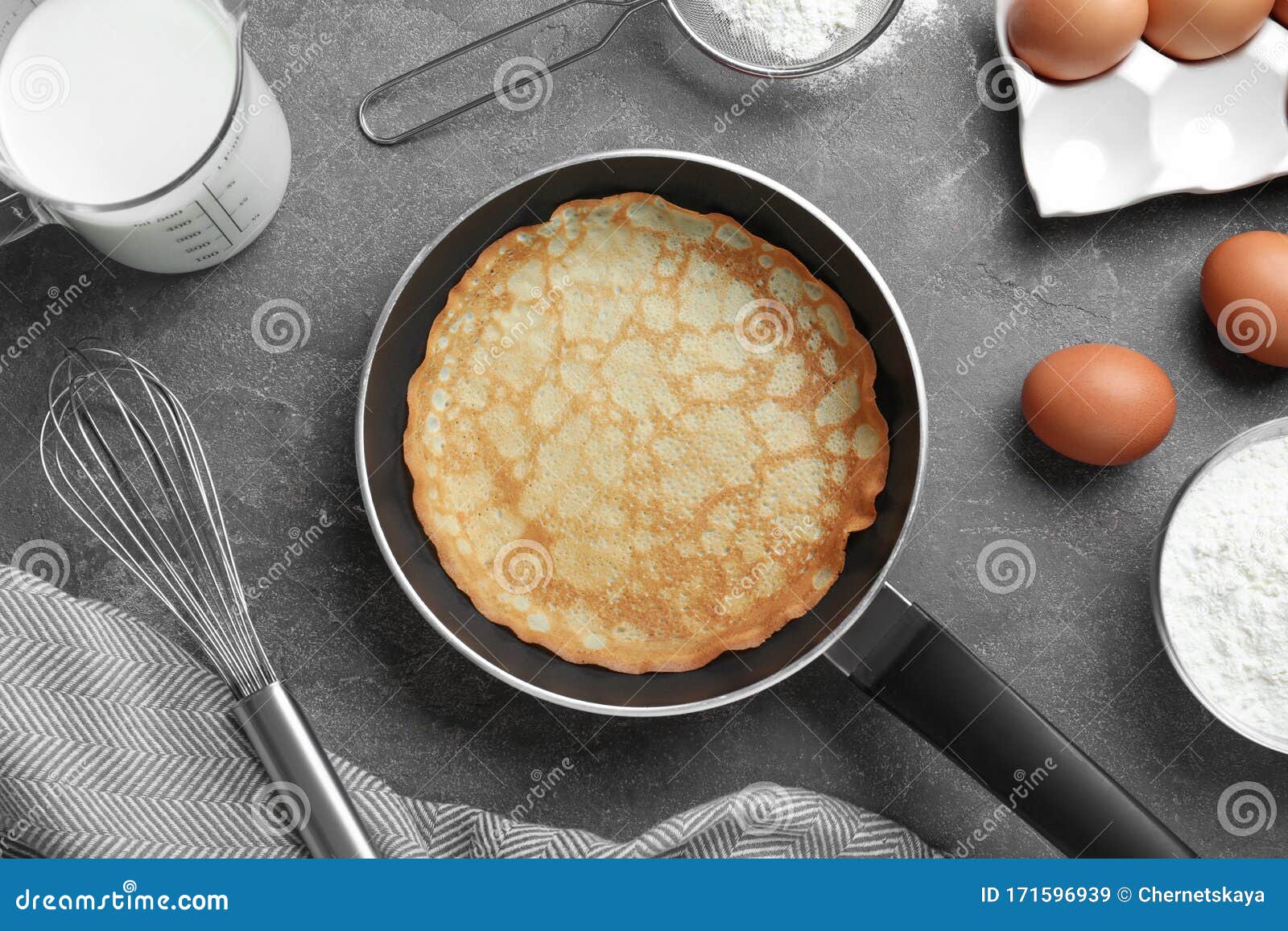 Flat Lay Composition with Thin Pancake on Table Stock Image - Image of ...