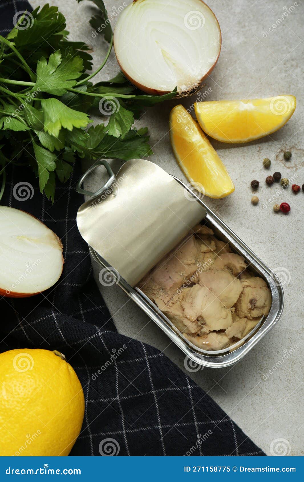 Flat Lay Composition with Tin Can of Tasty Cod Liver and Different ...
