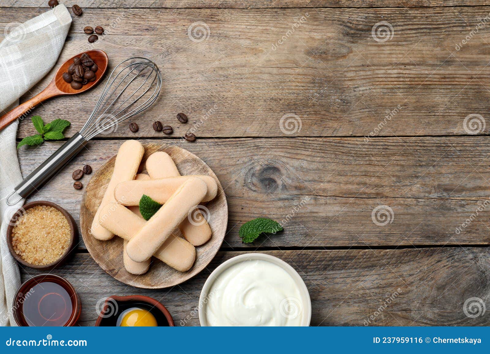 Flat Lay Composition with Tiramisu Ingredients on Wooden Table, Space ...