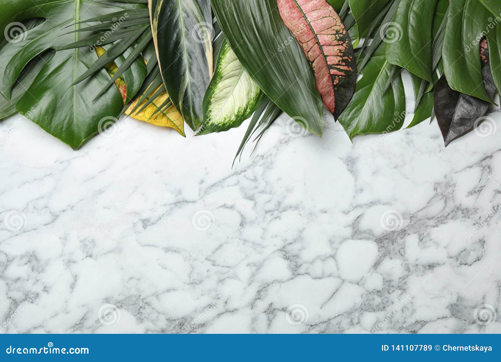 Flat Lay Composition with Tropical Leaves on Marble Background Stock ...