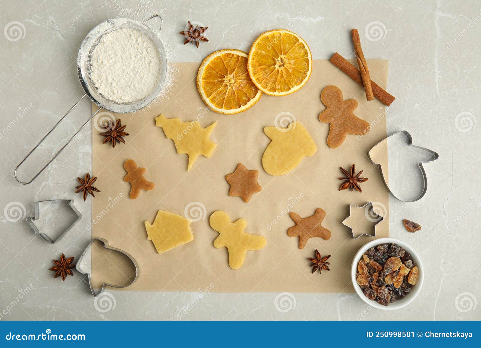 Flat Lay Composition with Unbaked Cookies and Cutters on Light Grey ...