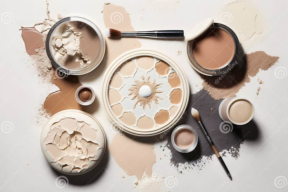 Flat Lay Composition with Various Makeup Face Powders on White ...