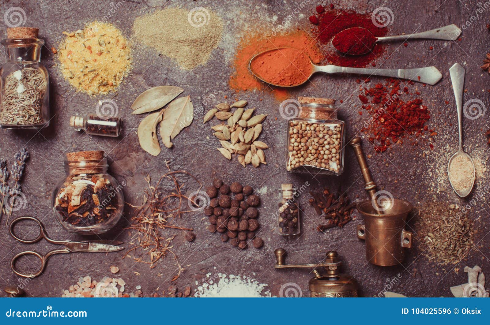 Flat lay spices stock photo. Image of allspice, lavender - 104025596