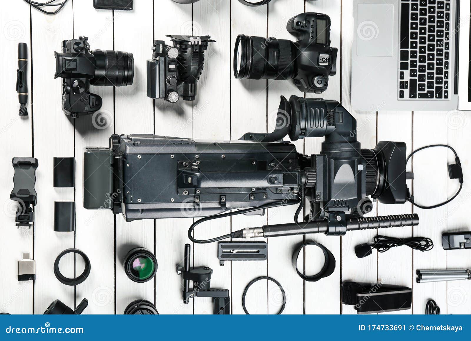 Flat Lay Composition with Video Camera and Other Equipment on White ...