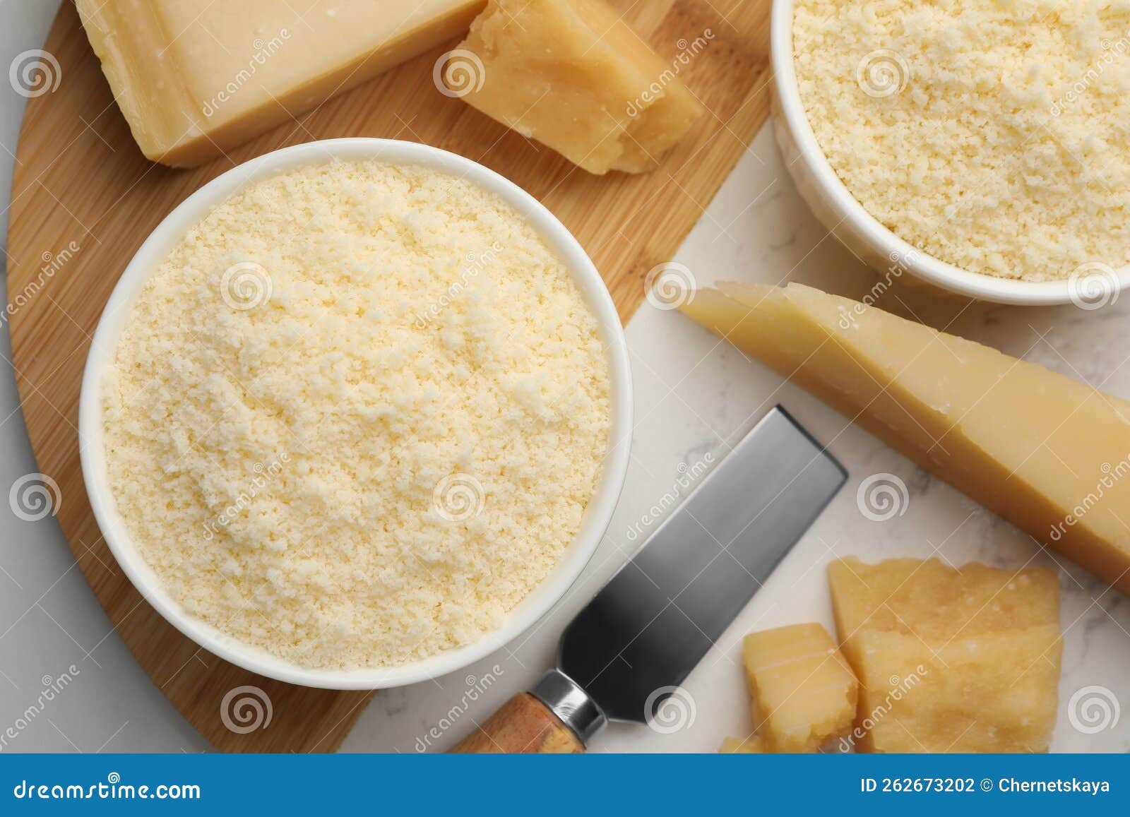 Flat Lay Composition with Whole and Grated Parmesan Cheese on White ...