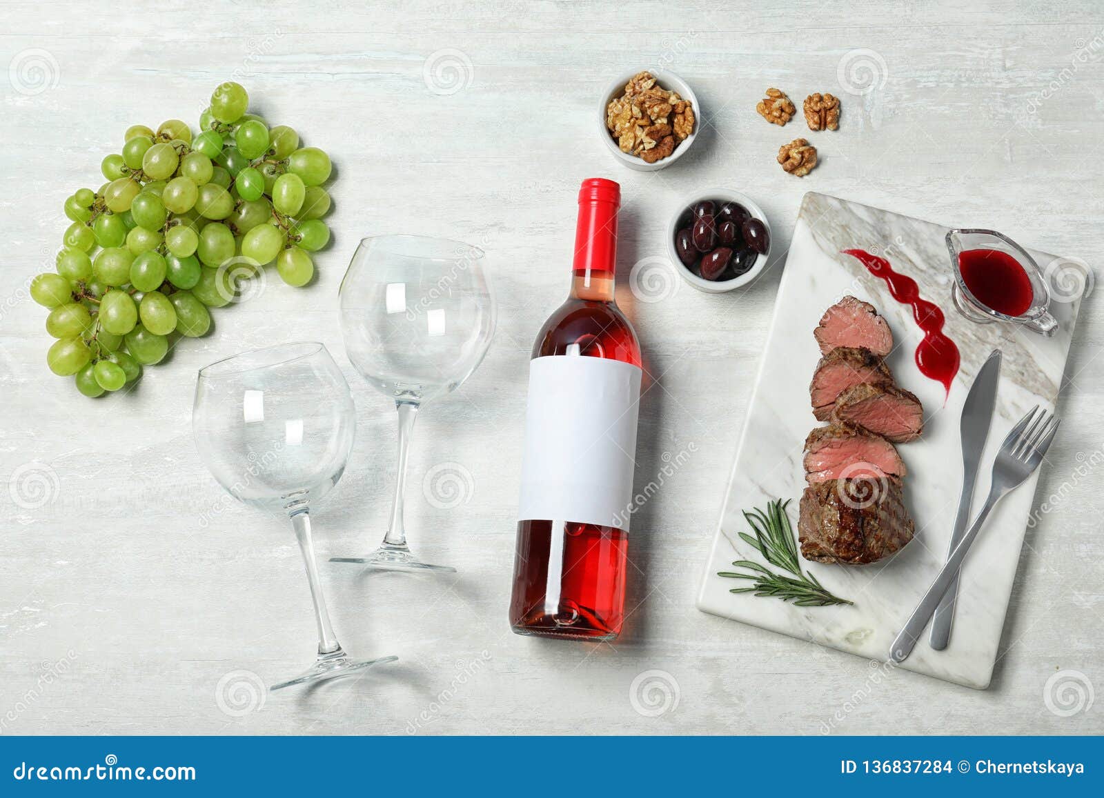 Flat Lay Composition with Wine and Food on White Background. Stock ...