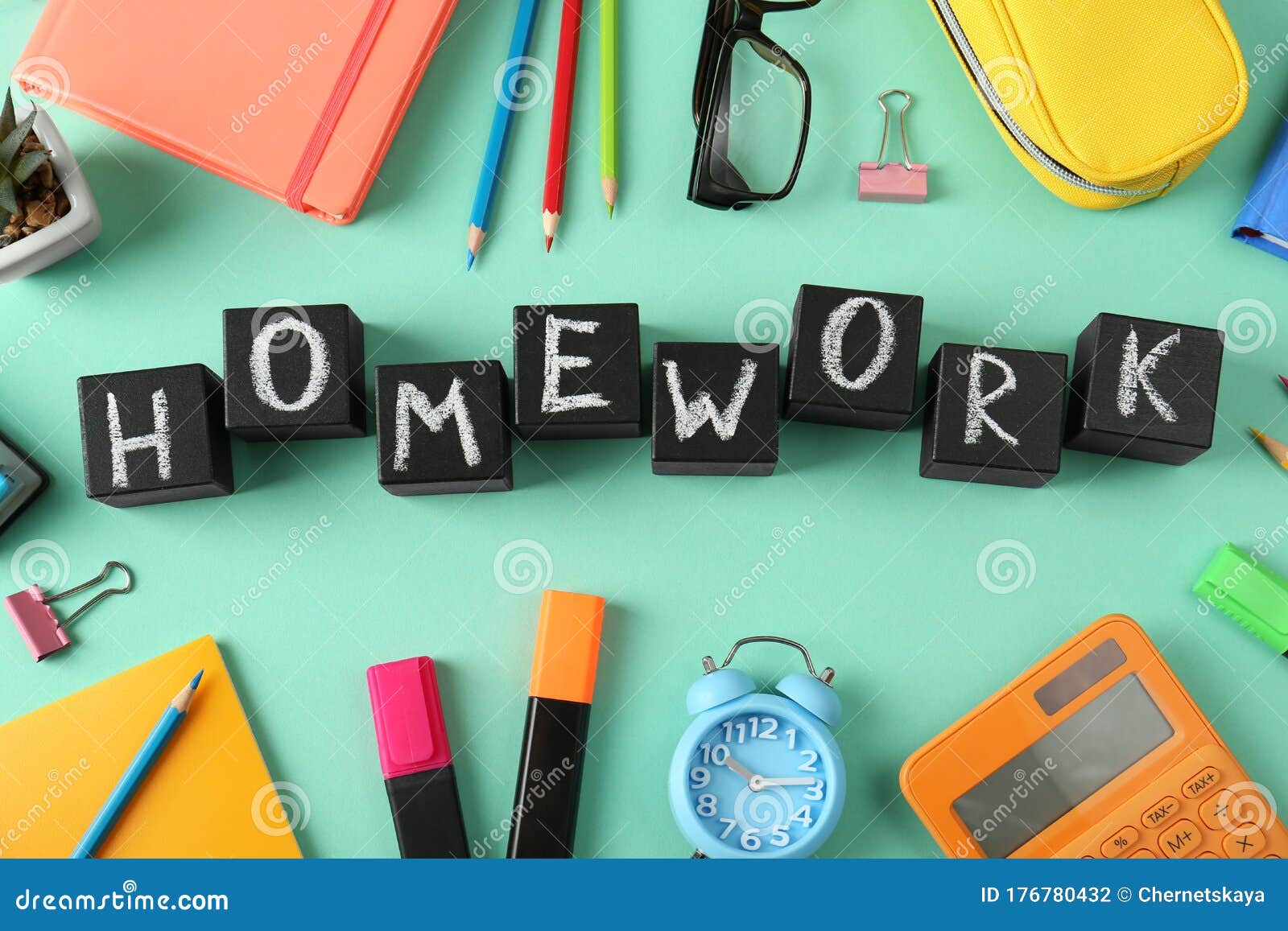 Flat Lay Composition with Word HOMEWORK Made of Black Cubes on ...