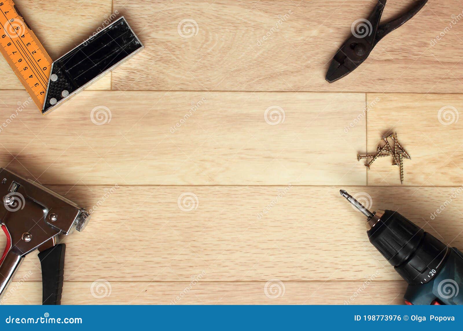 Flat Lay of Construction Tools on Wooden Background Stock Photo - Image ...