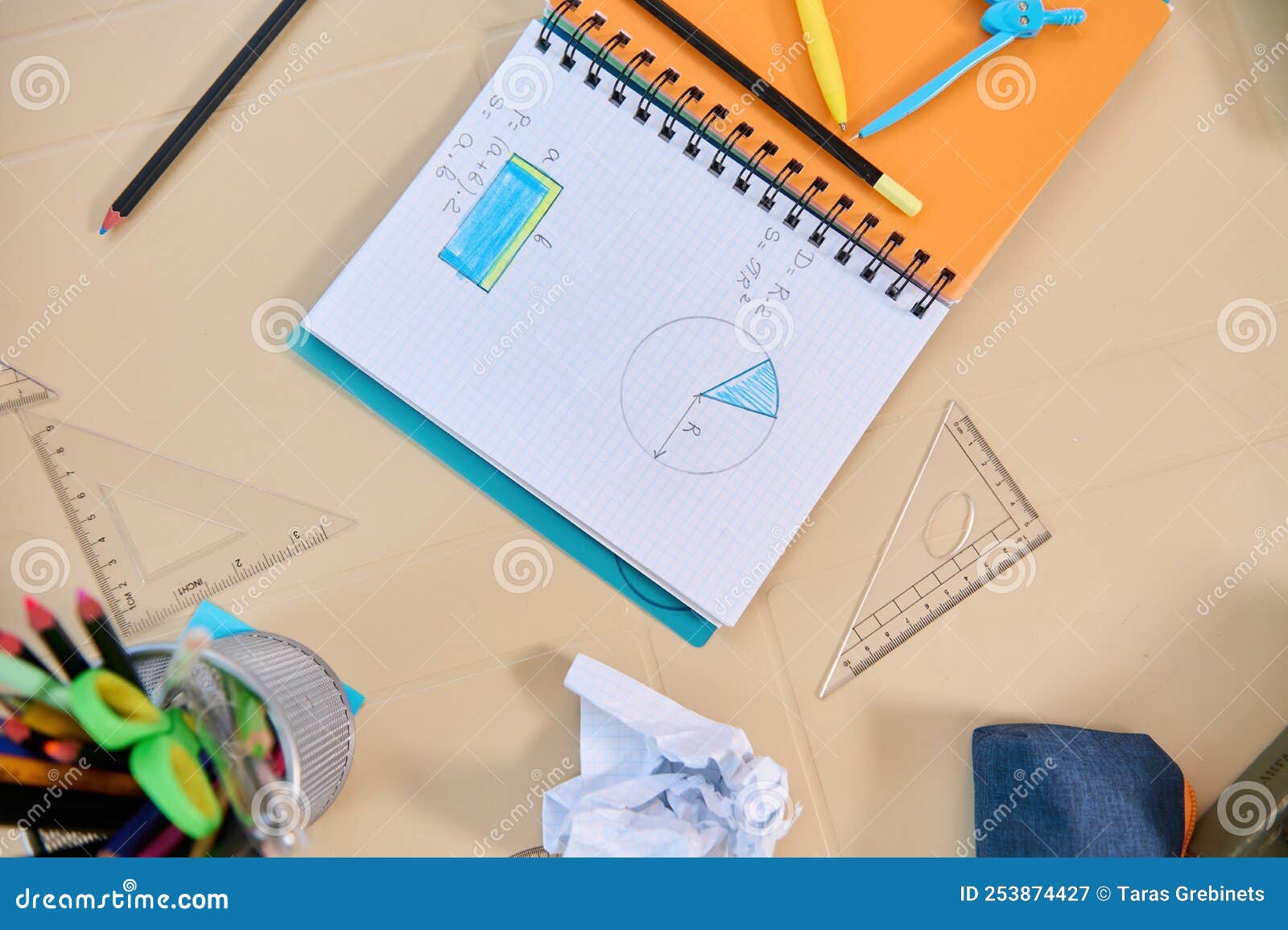 Flat Lay of a Copybook with Geometry Examples for Solving in Primary ...