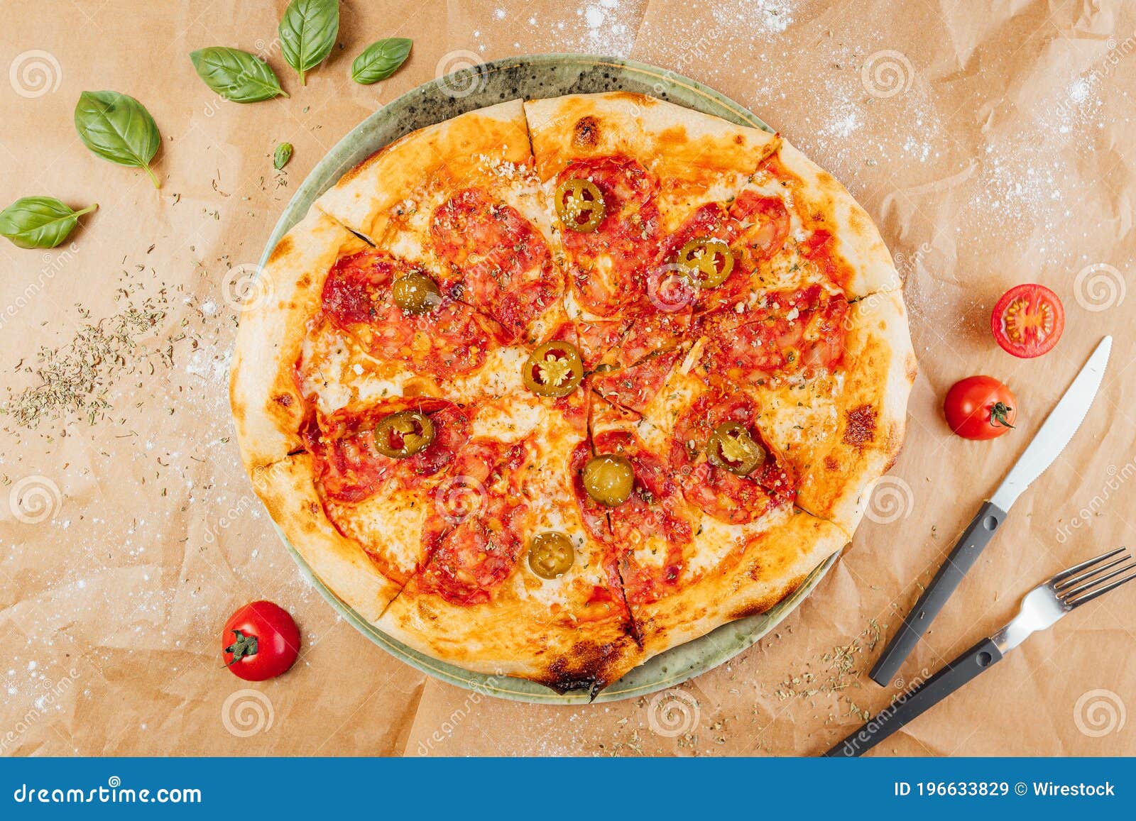 Flat Lay of Delicious Pizza with Fork and Knife Stock Image - Image of ...