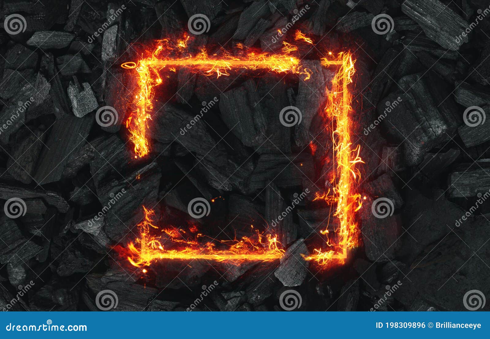 Flat Lay Design of Square Frame in Fire Over Black Charcoal Pieces ...