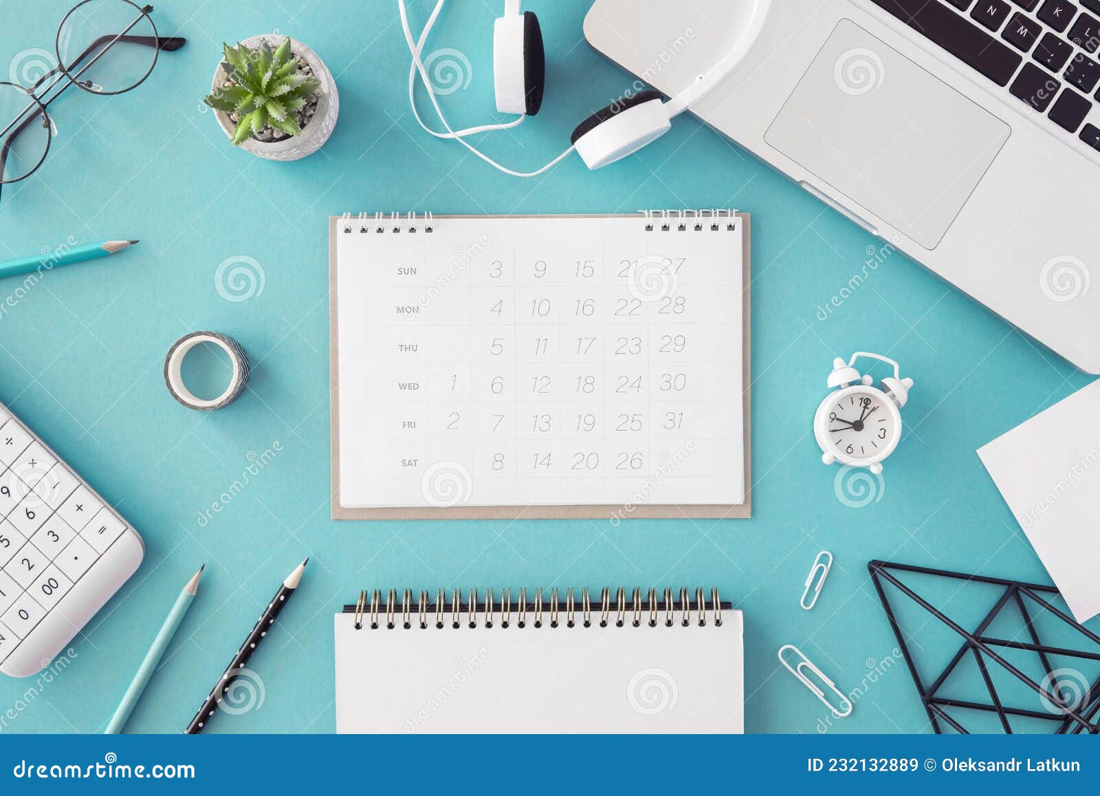 Flat Lay Desk Calendar Blue Background. High Quality Photo Stock Image ...
